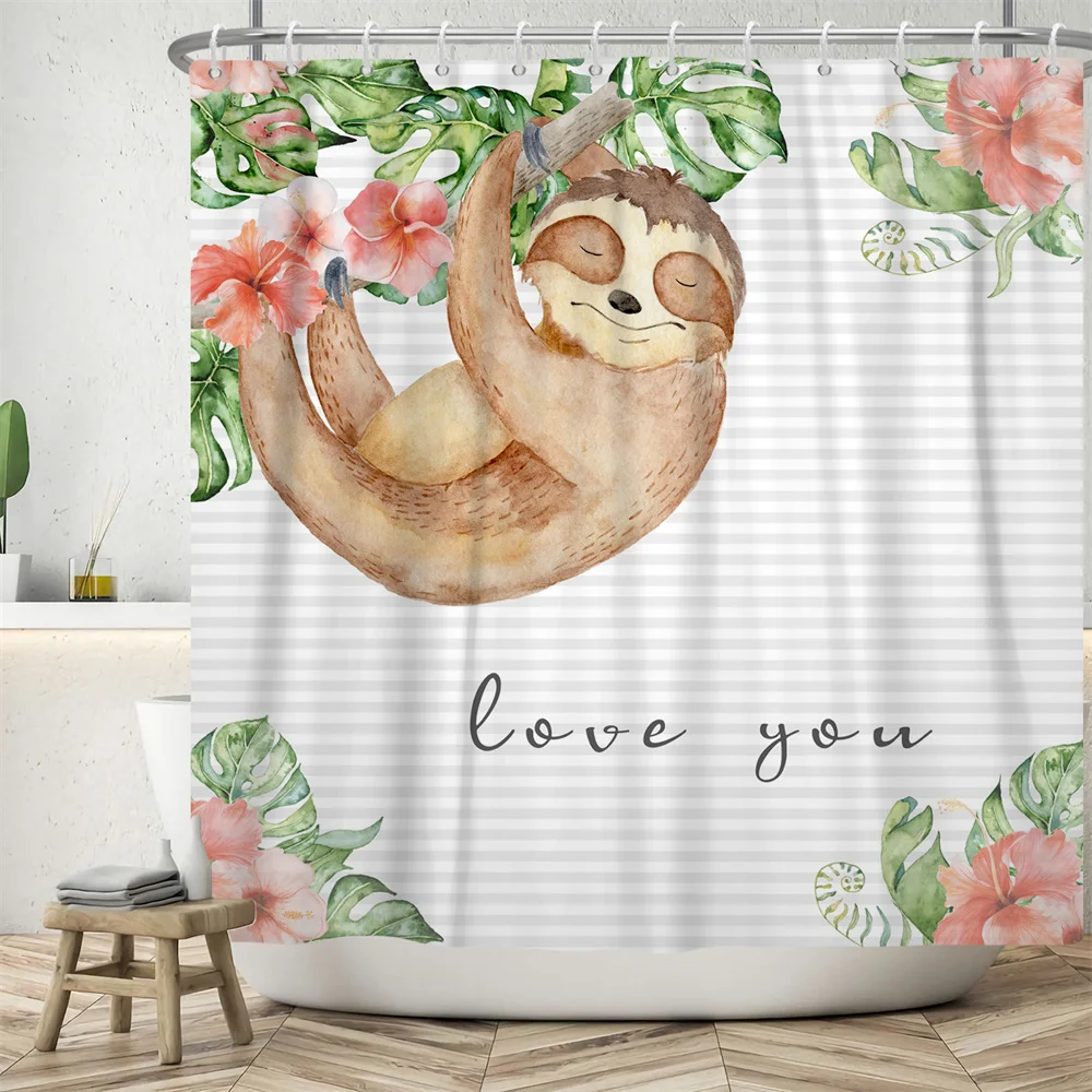Sloth Shower Curtains for Bathroom Decor Tropical Flower Leaf Waterpro ...