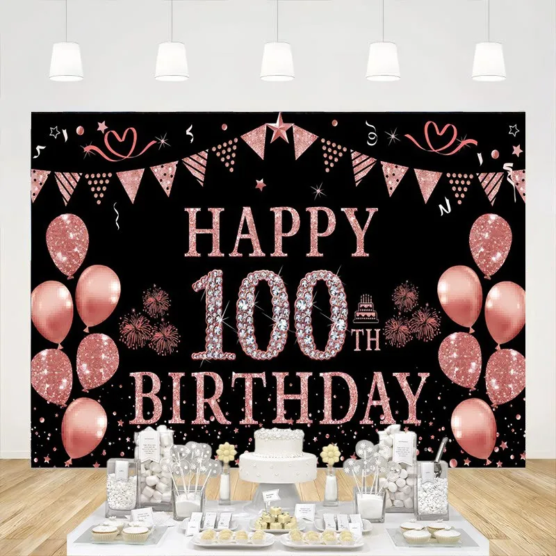 Happy-100th-Birthday-Backdrop-Rose-Gold-Background-Banner-Party ...