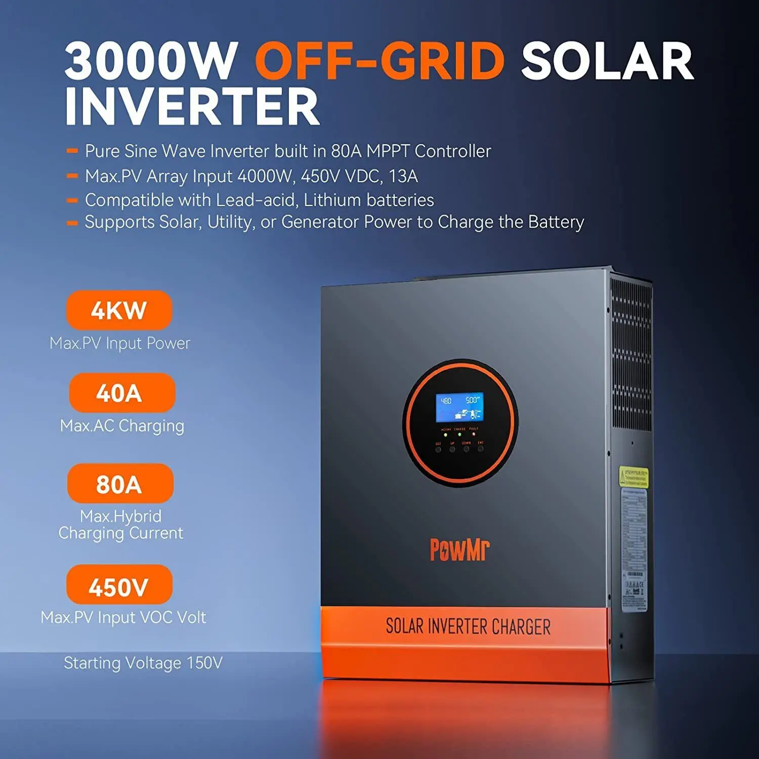 PowMR 3KW Solar Inverter 24V DC to 110V AC Pure Sine Wave Off Grid ...