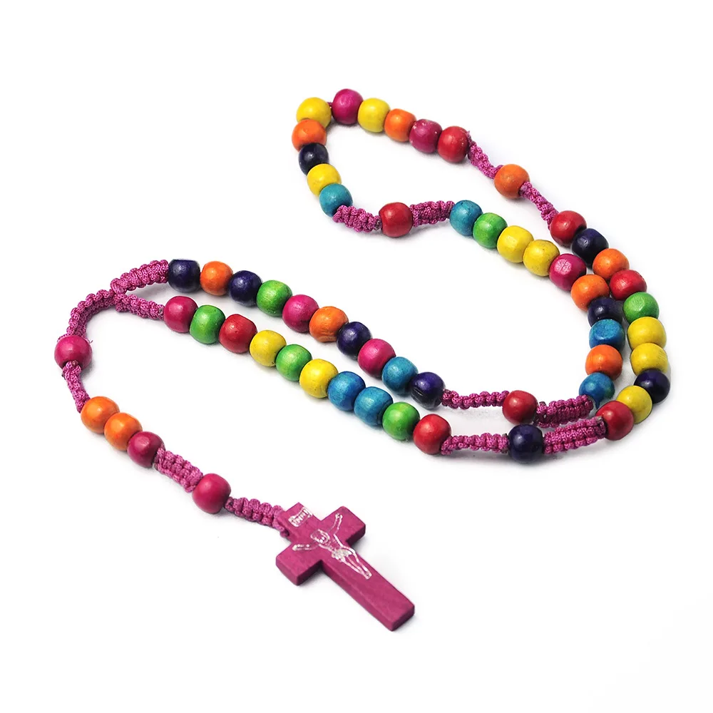 Catholic-Colorful-Rosary-Necklace-For-Women-Crucifix-Cross-Pendant-Wood ...