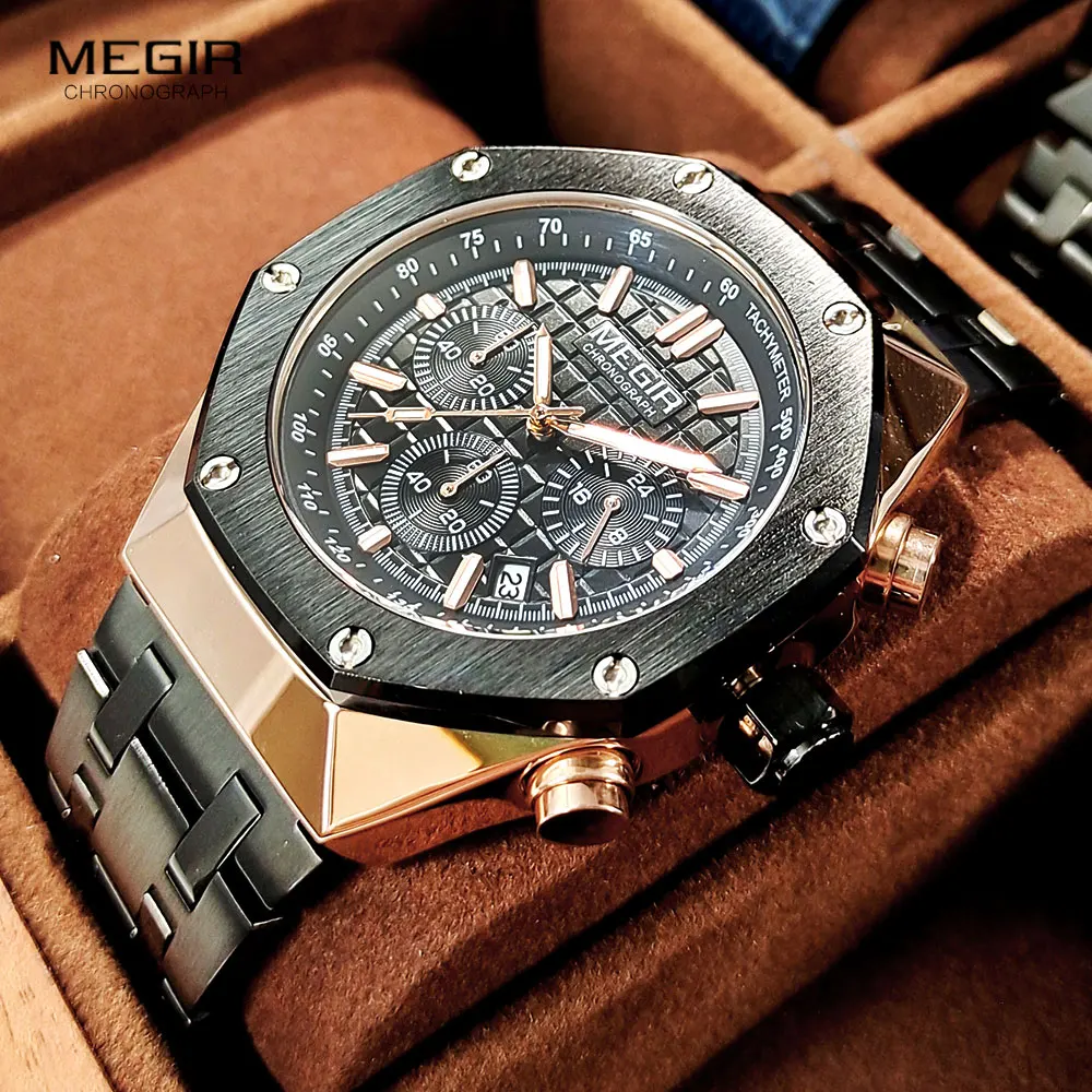 MEGIR Black Watch for Men Waterproof Luminous Chronograph Quartz ...