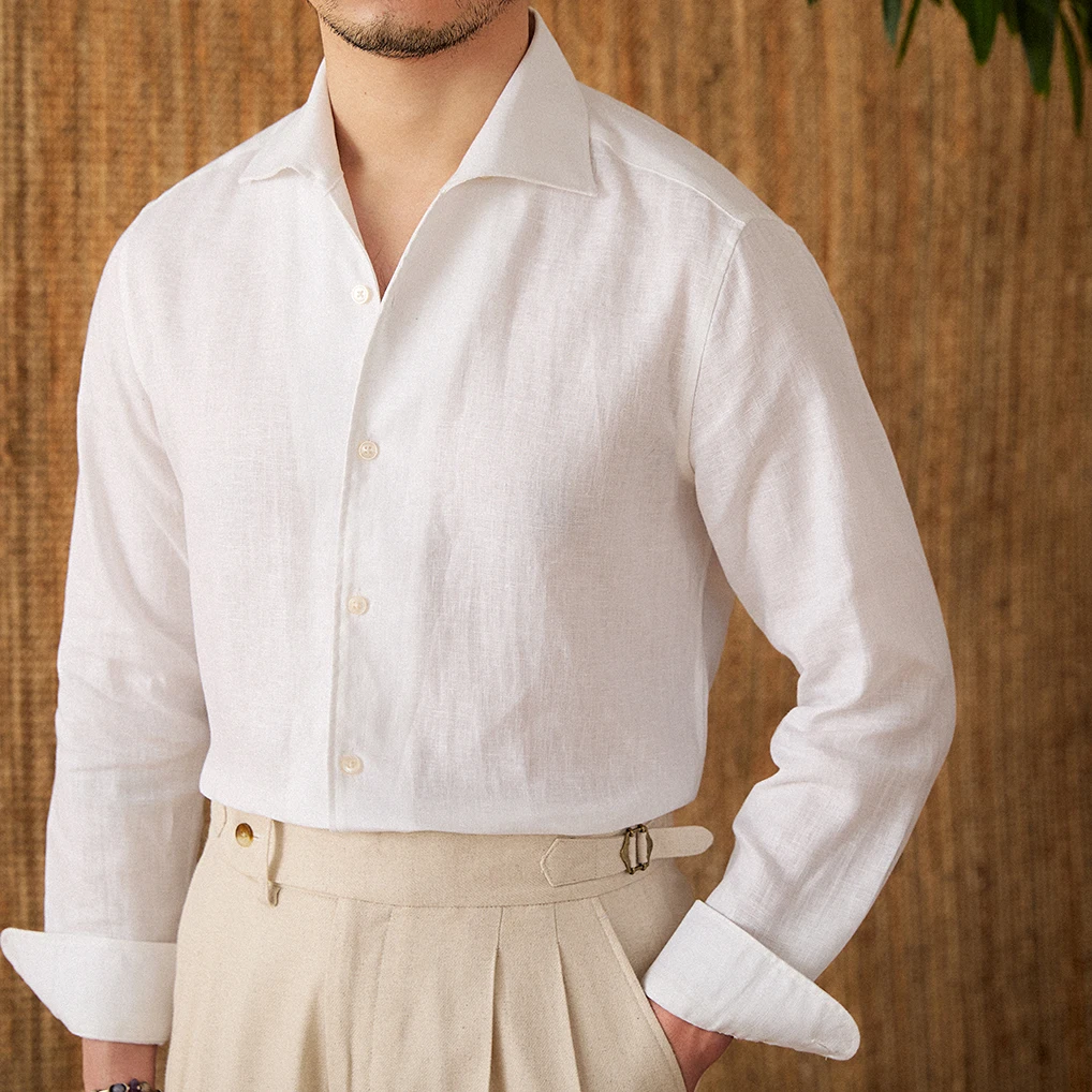 Mr. Lu San summer light breathable 100 linen one-piece collar long ...