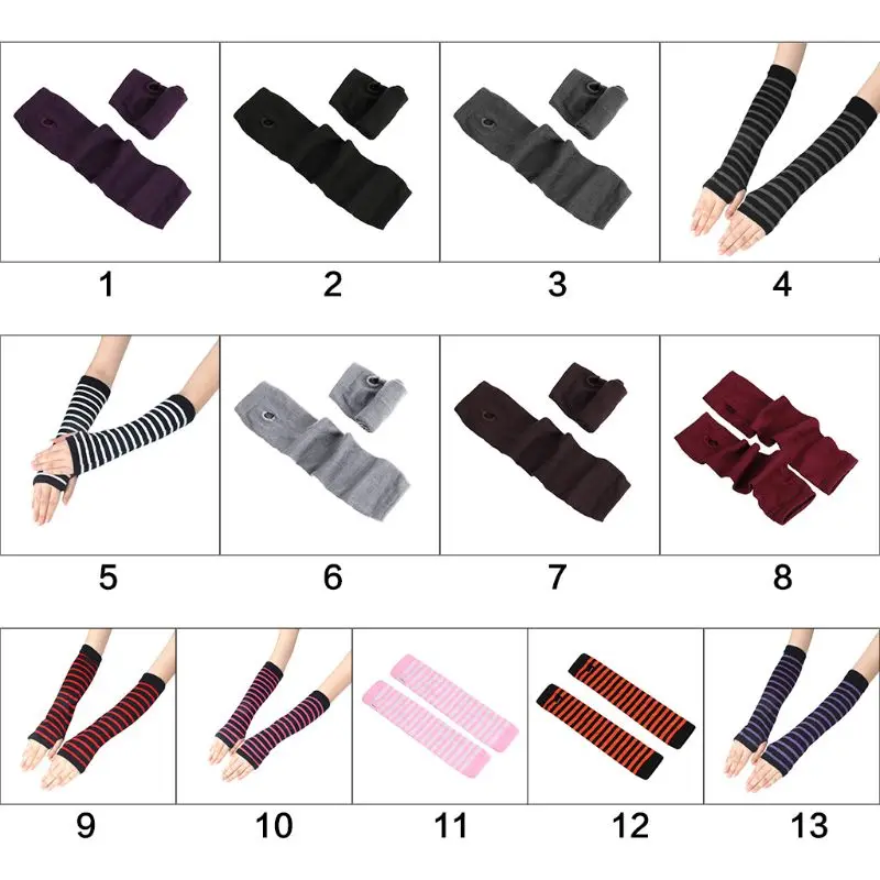 Women Girls Knitted Fingerless Long Gloves Stripes Printed Over Elbow ...