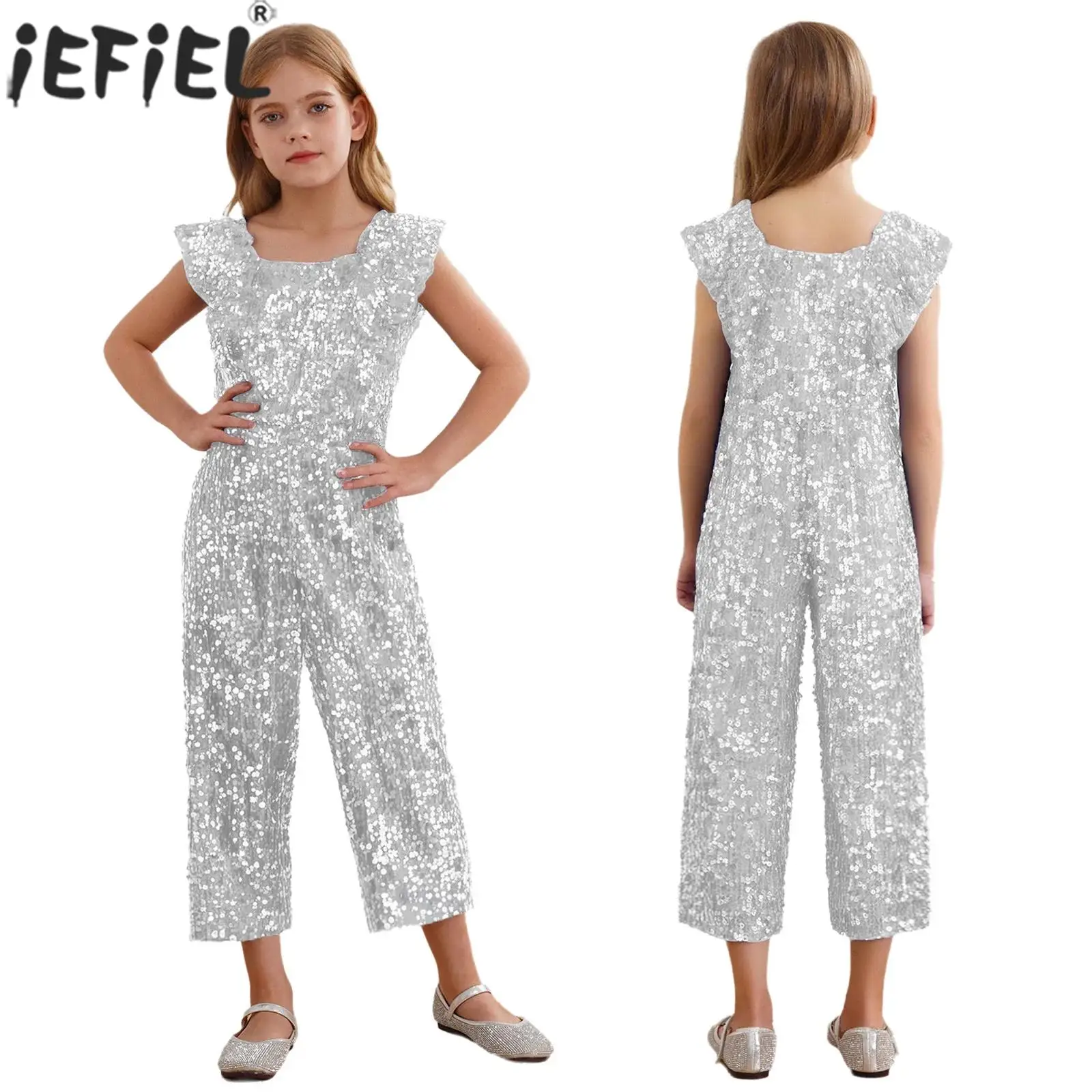 6-14Y Girls Birthday Wedding Party Jumpsuit Sleeveless Shiny Sequin ...