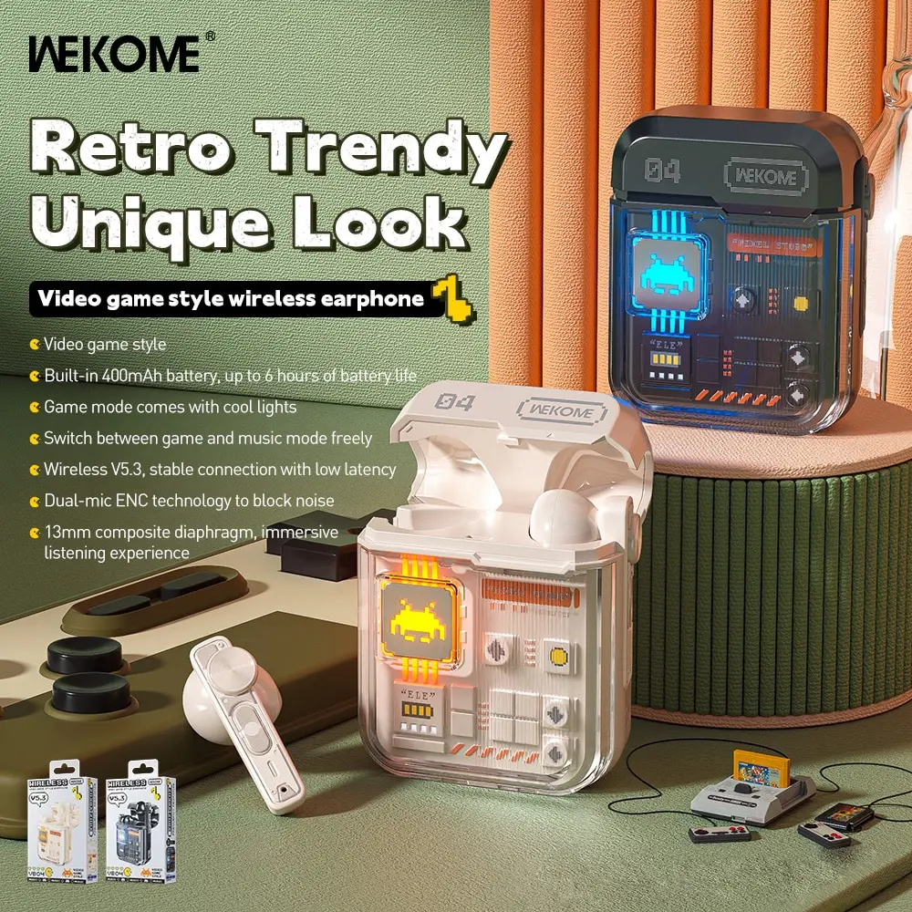 WEKOME Retro Game Style Wireless Bluetooth 5.3 Earbuds Dual-Mic ENC ...