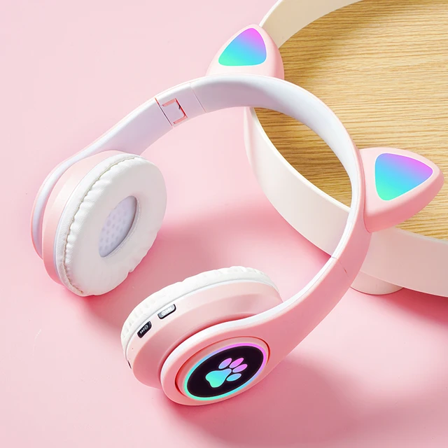 Bluetooth Wireless Headphones Cat Ear Glow Light Stereo Bass Helmets ...