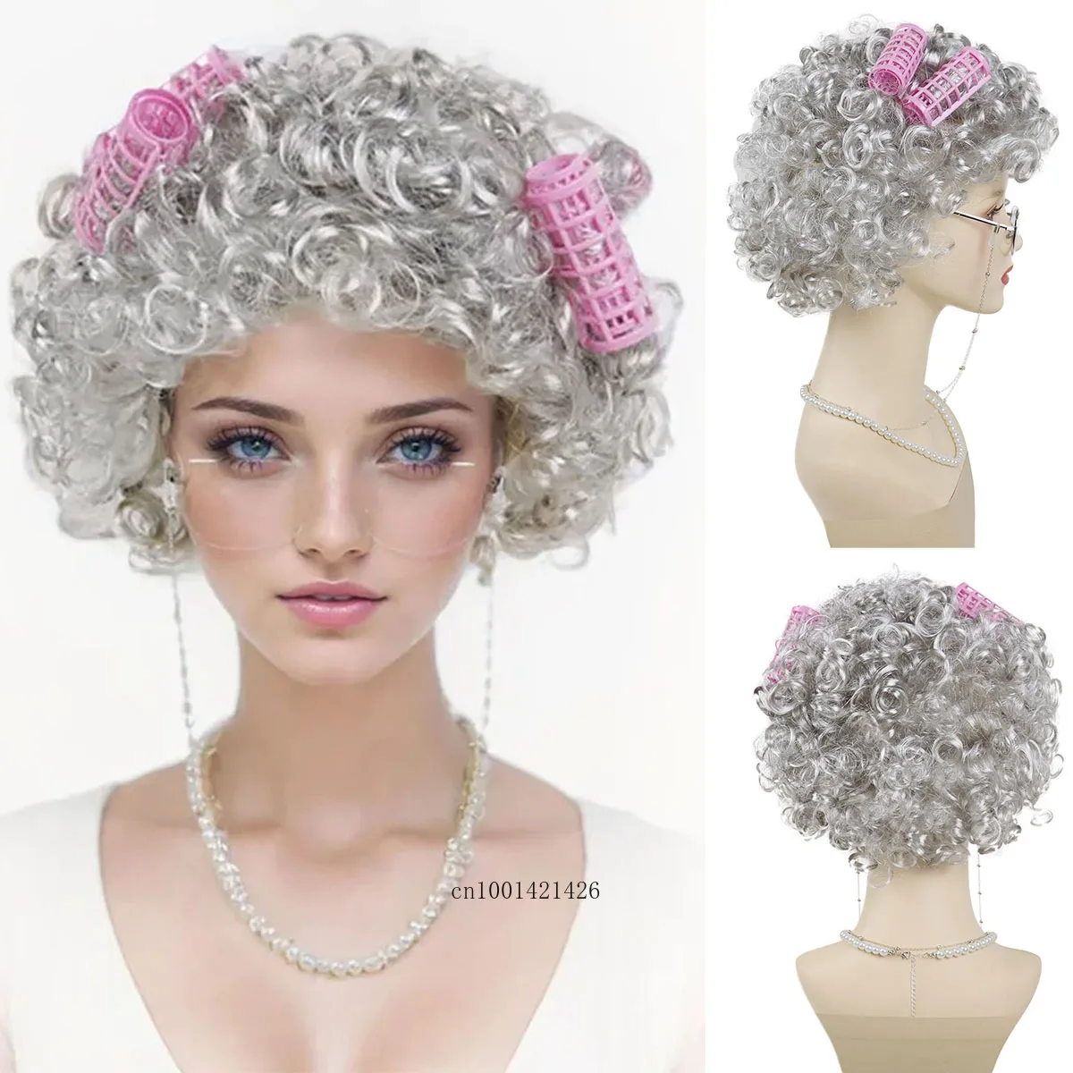 Synthetic-Curly-Hair-Silver-Grey-Old-Lady-Wigs-Costume-Sets-Women-100 ...