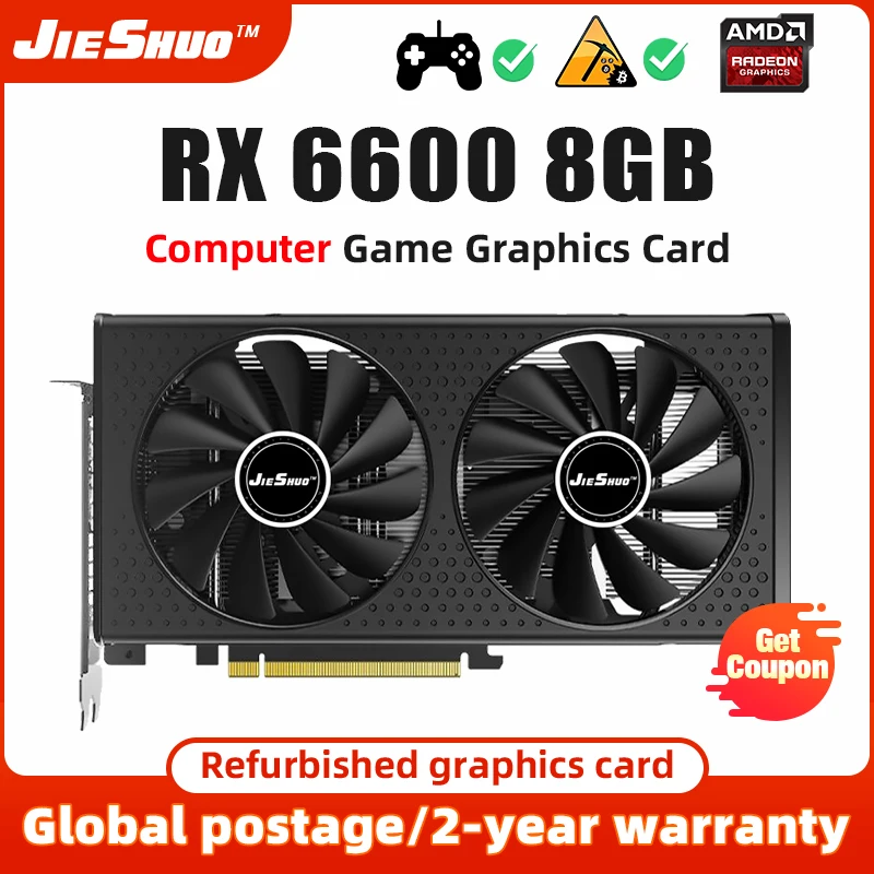 JIESHUO RX 6600 8GB Graphics Card GPU GDDR6 128-bit RX6600 8GB 7nm AMD ...