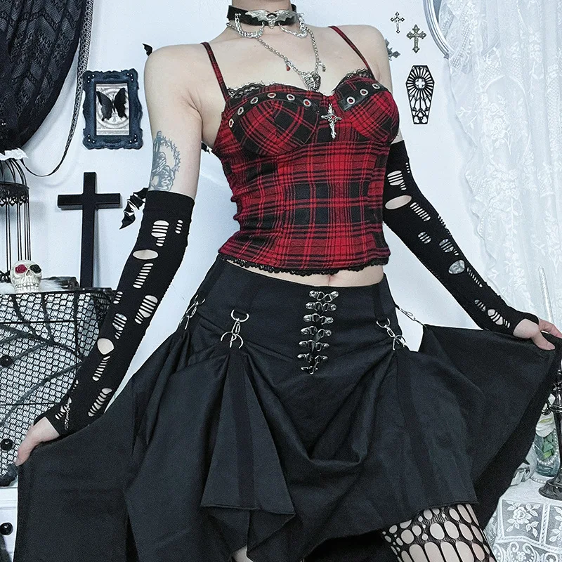 Gothic Style Plaid Camisole with Chest Pad 2025 New Collection Tank Top ...