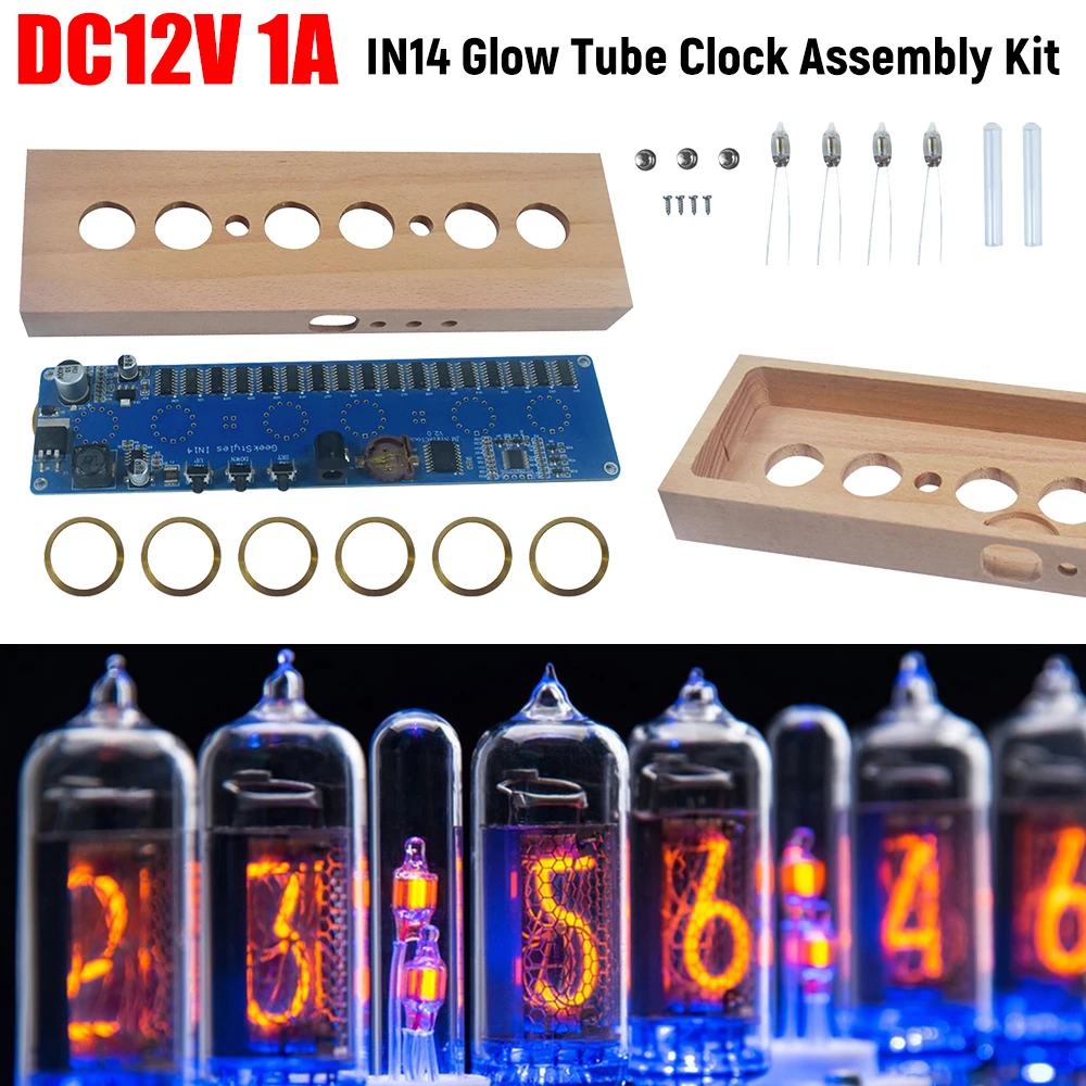 IN14-Glow-Tube-Clock-Assembly-Kit-DC12V-1A-Beech-Wood-Shell-IN14-Nixie ...