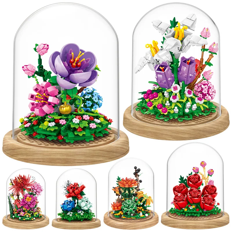 City-Eternal-Flower-Building-Blocks-Ornament-Model-With-Dust-Cover-Rose ...