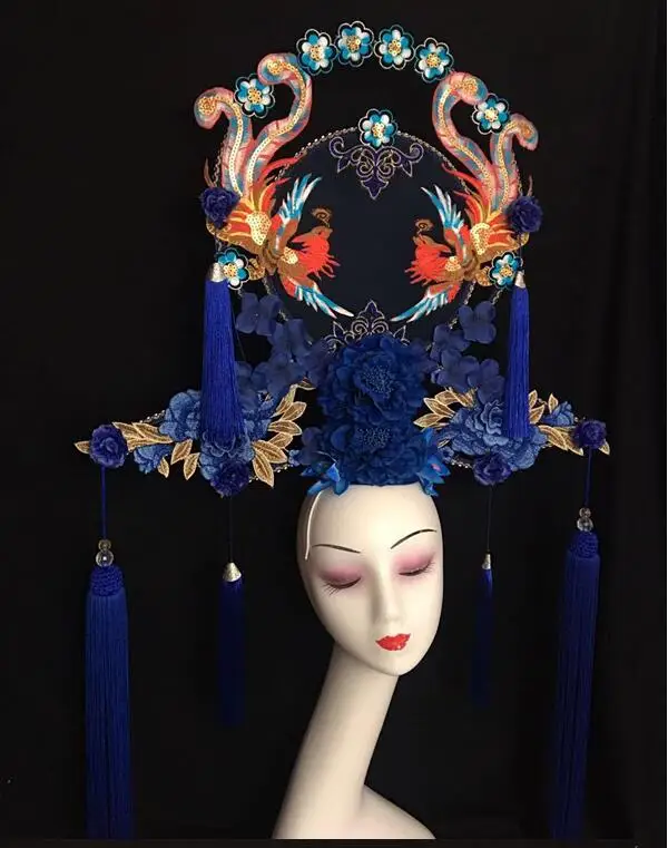 Chinese-Personalized-Luxury-Headwear-Phoenix-Stage-Blue-Embroidery ...