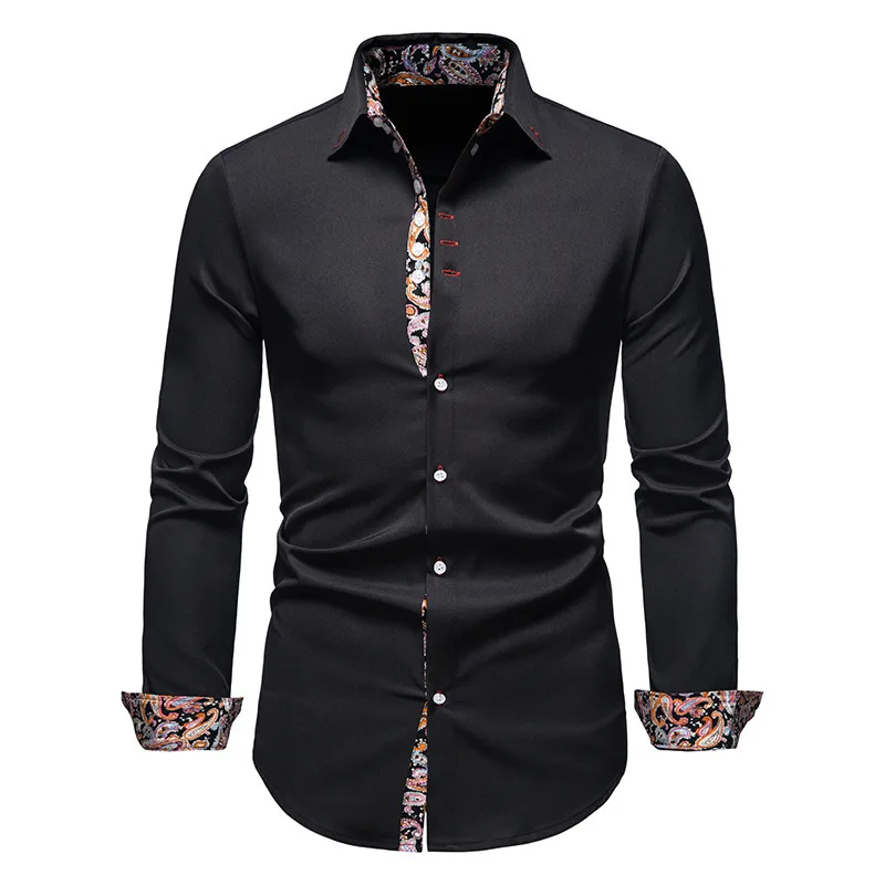 Mens-Black-Embroidery-Button-Up-Shirts-Hipster-Slim-Fit-Long-Sleeve ...