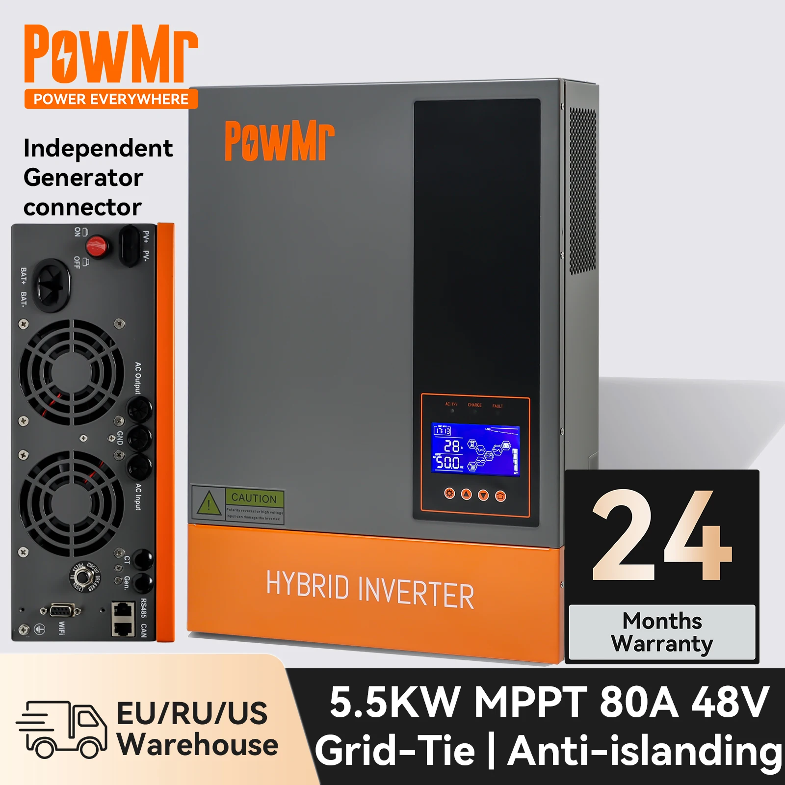 PowMr Grid-Tie Solar Inverter 5.5KW 80A MPPT Hybrid Inverter with Anti ...