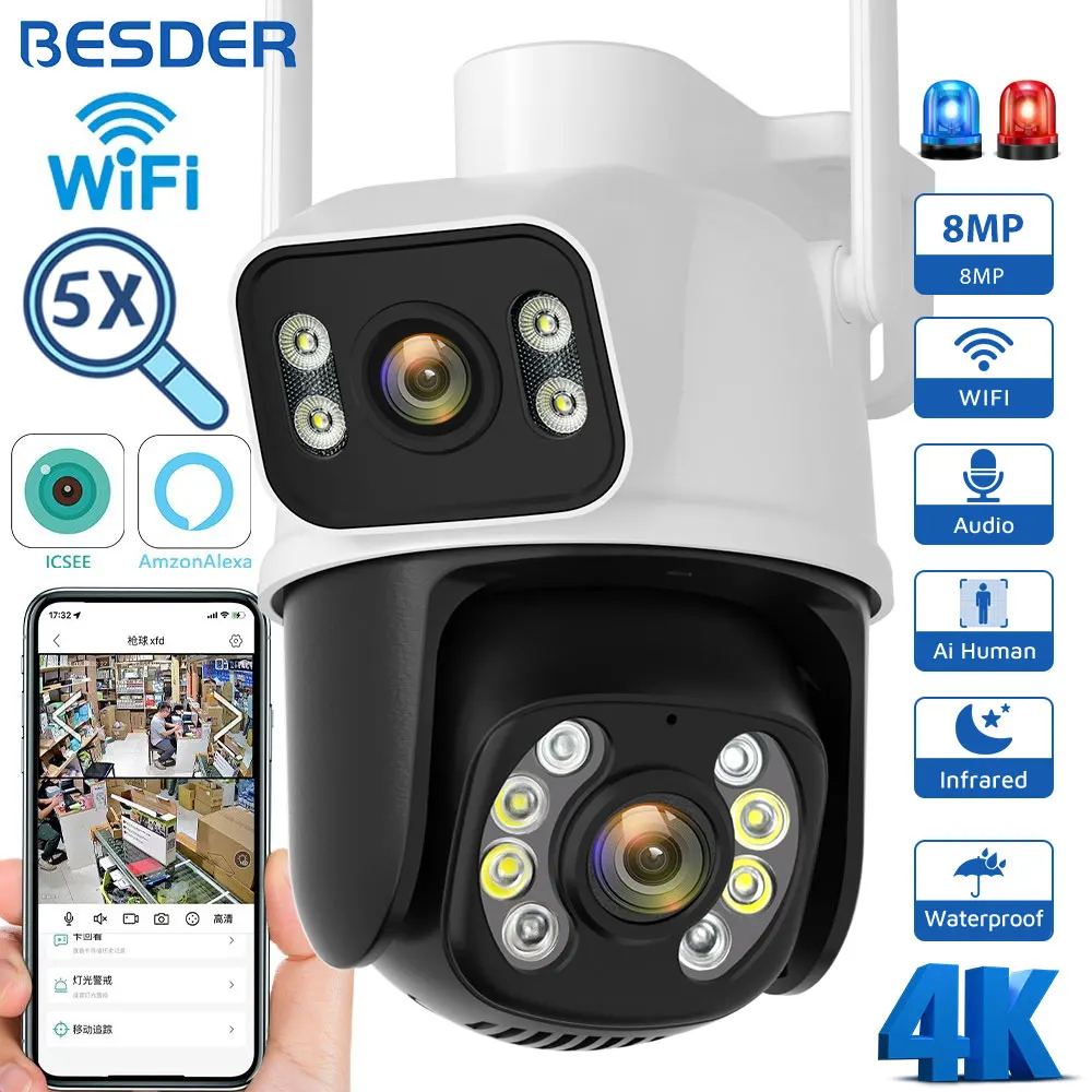 BESDER 8MP PTZ Wifi Camera Outdoor Night Vision Dual Screen Human ...