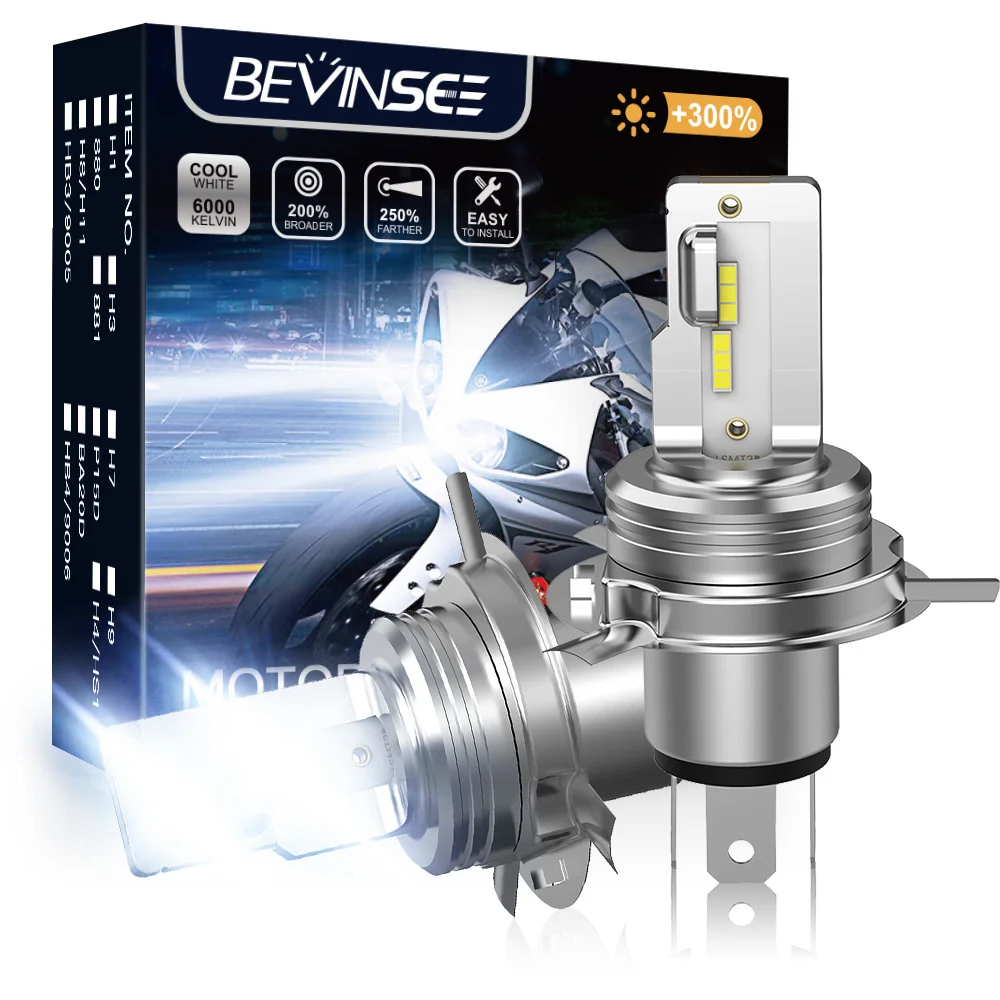 Bevinsee H4 LED 오토바이 헤드 라이트 12V 6000K 화이트 라이트, H4 하이 로우 빔 LED 전구 오토바이 ATV UTV 헤드 램프 교체 ...