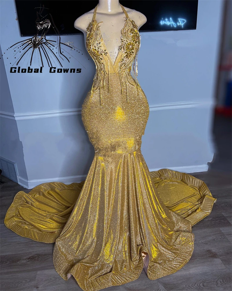Gold Halter Long Prom Dress For Black Girls Beaded Appliques Birthday ...