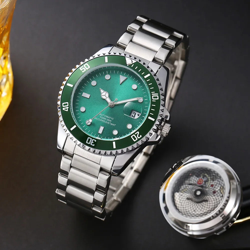 Men-s-Green-Watch-Stainless-Steel-Strap-Transparent-Back-Luminous-Hands ...