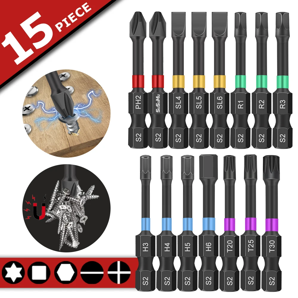 15PCS Magnetic Batch Head Impact Strong Electric Screwdriver Bit Set ...