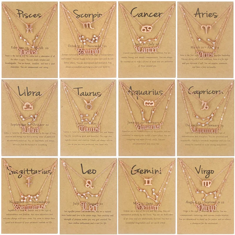 3Pcs 12 Zodiac Sign Necklaces Set For Women Constellation Pendant Rose ...