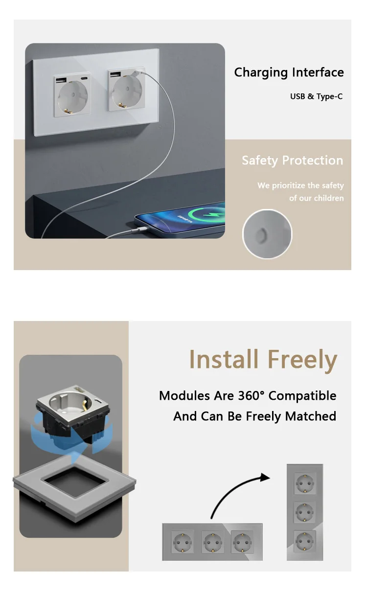 TAWOIA EU Sockets Power Socket Crystal 16A USB Outlet Type C Triple Glass Wall Sockets Russia ...