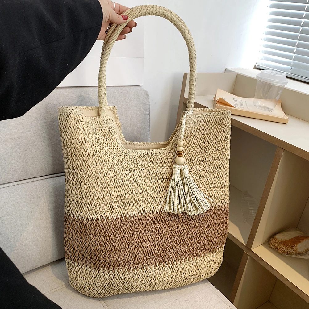 Straw Beach Bag Summer Woven Tote Bag with Tassels Large Shoulder Bag ...
