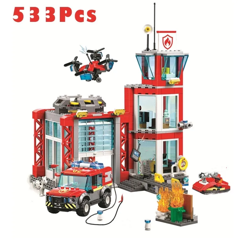 533pcs New City Fire Brigade Station Building Block Toys Firefighter ...