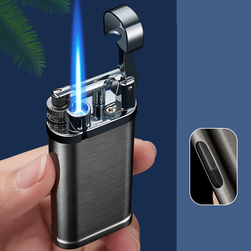 Grinding Wheel Side Hit Straight Gas Lighter Metal Blue Flame Creative ...