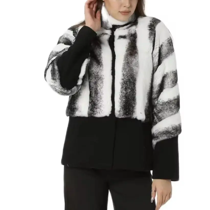 Women-Real-Rex-Rabbit-Fur-jacket-with-100-wool-trimimig-stripe-classic ...