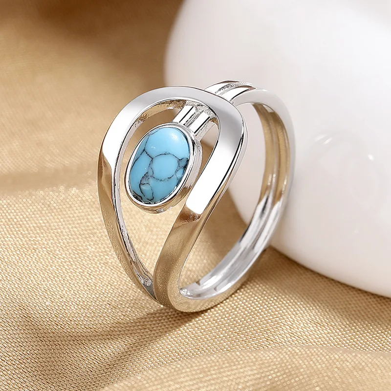 Unisex-Oval-Blue-Stone-Wedding-Bands-Synthetic-Turquoise-Rings-For ...