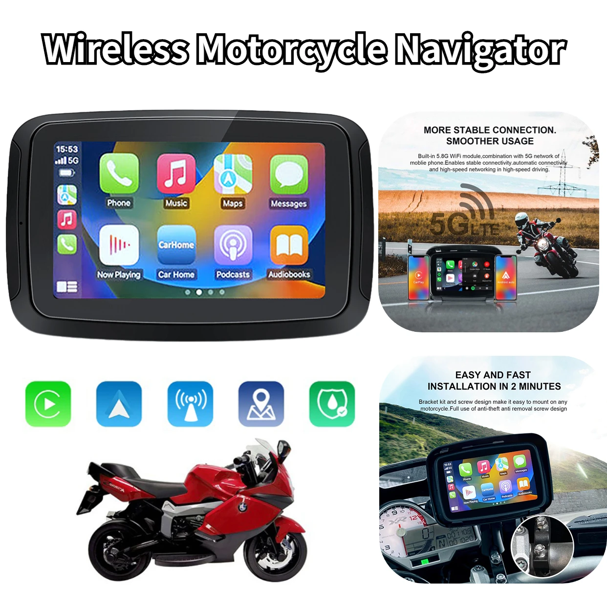 Portable 5 Inch Motorcycle Navigator Carplay Gps Wireless Touch Screen ...