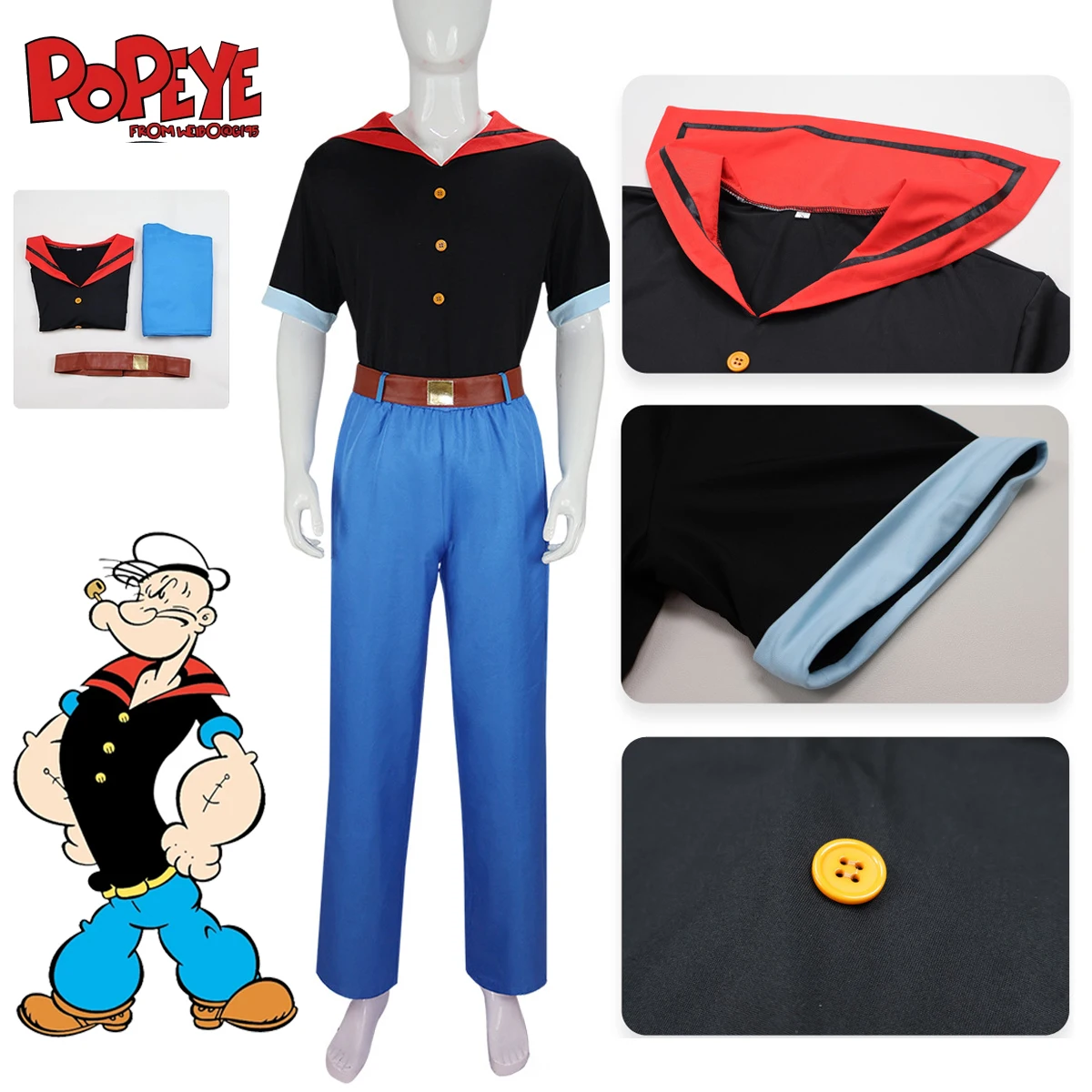 XS-3XL Cartoon Popeye the Sailor Cosplay Costume with Belt Funny ...