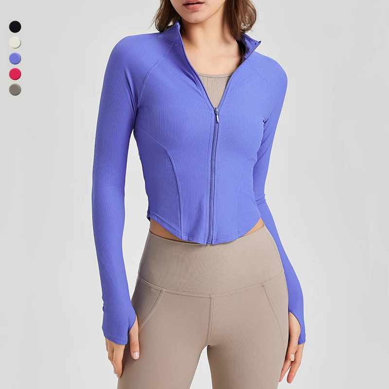Slim-Fit-Zipper-Running-Jacket-Women-Solid-Color-Ribbed-Long-Sleeve ...