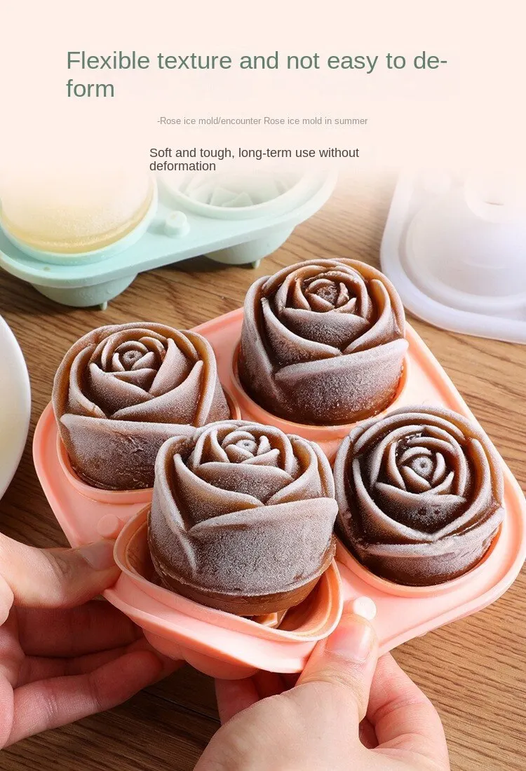 3D Rose Ice Molds 4 Holes Ice Cube Tray Mold Flower Shape Silicone Ice ...