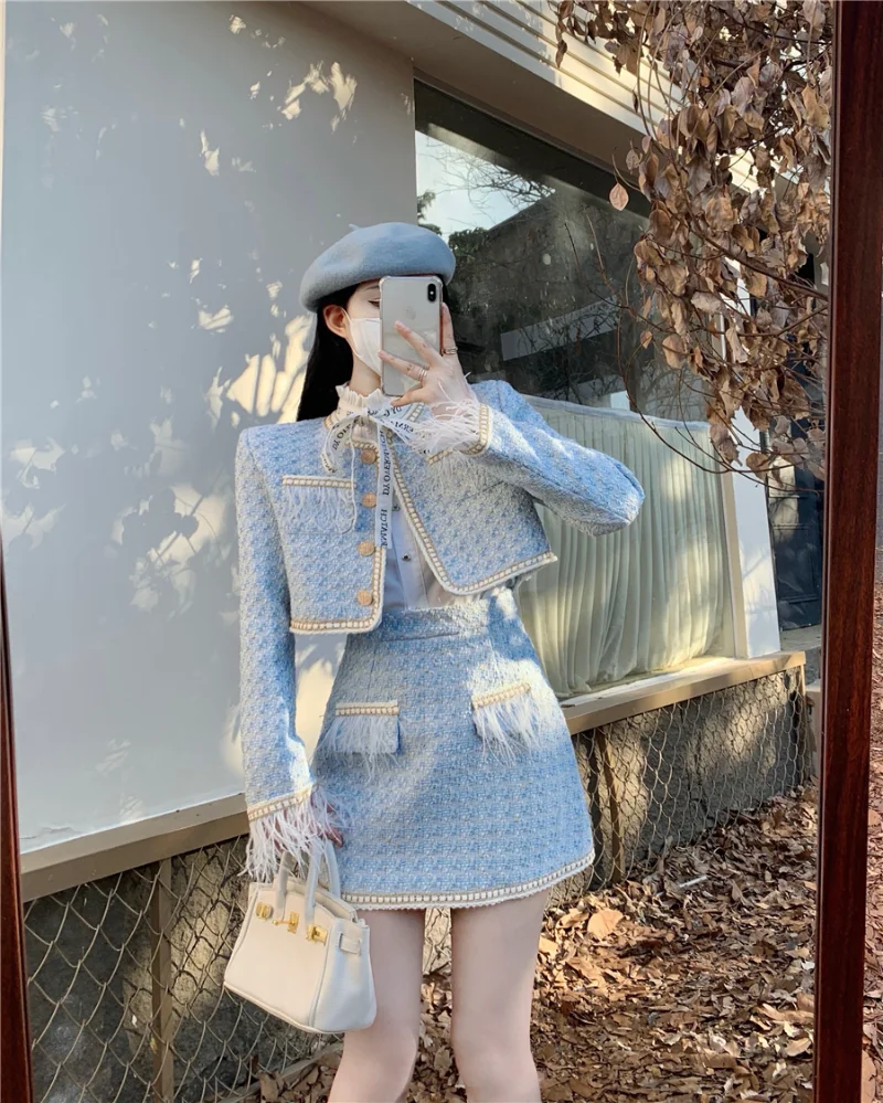 Korean-Style-Suit-Women-s-Elegant-Quilted-Tweed-Coat-High-Waist-Skirt ...