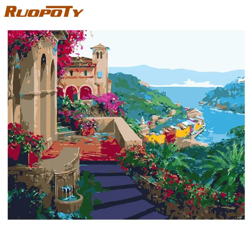 RUOPOTY 40x50cm Painting By Numbers Frame Seaside Villa Scenery Drawing ...