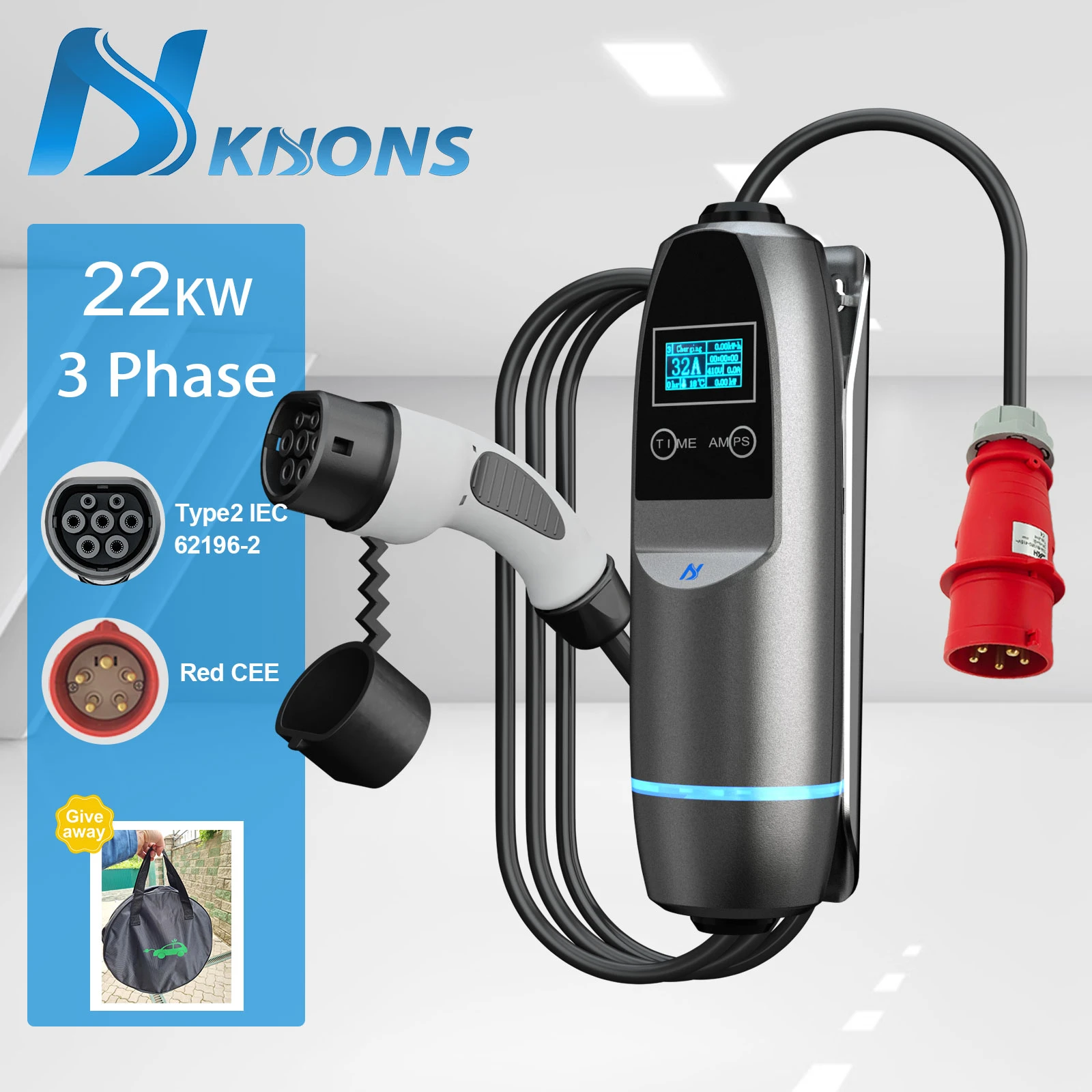 K.h.o.n.s Type 2 32a 22kw 3phase Iec 62196 Ev Charging Cable Portable Current Adjustable Can Be ...