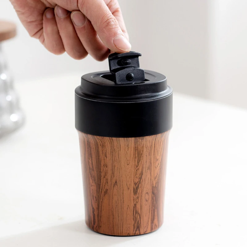 Portable Wood Grain Coffee Mug with Lids Vacuum Insulated Tumbler ...