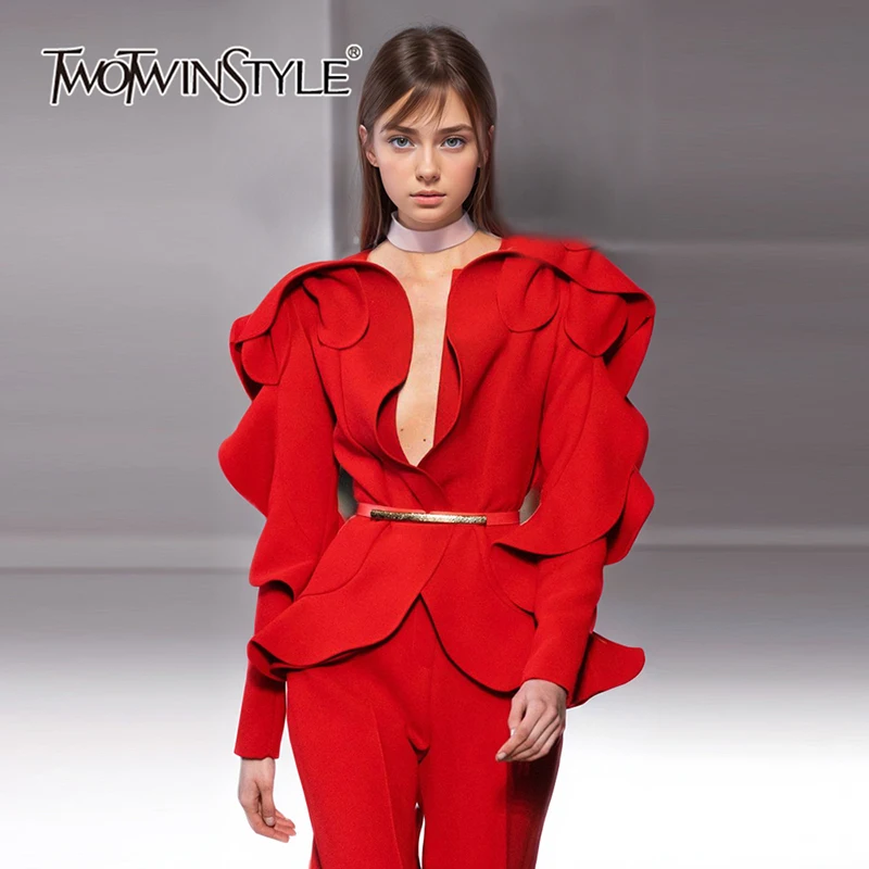 TWOTWINSTYLE-Solid-Spliced-Belt-Temperament-Blazers-For-Women-V-Neck ...