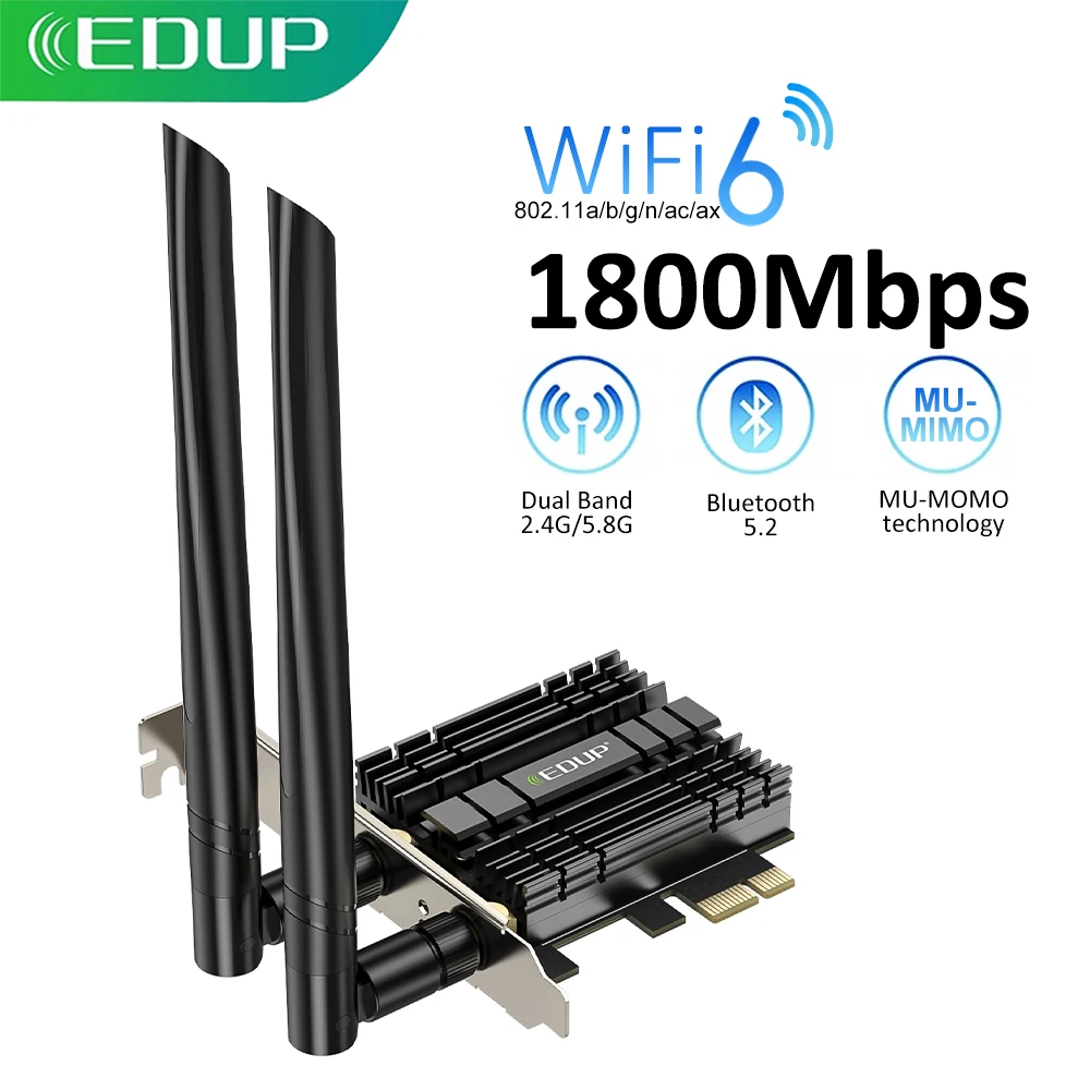 EDUP 1800Mbps WiFi 6 PCIe WiFi Adaptador Bluetooth 2.4G/5GHz Placa de rede PCIe 802.11AX/AC MU ...