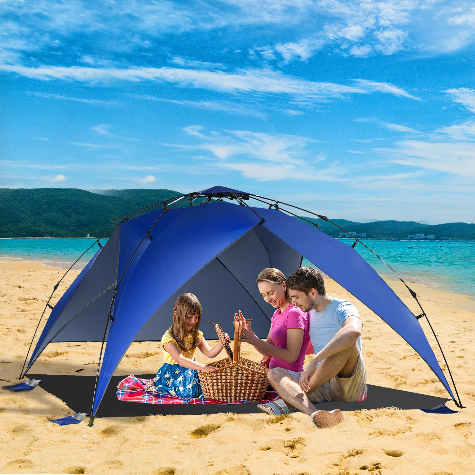 Outsunny folding beach tent automatic opening 247x247x145 cm blue ...