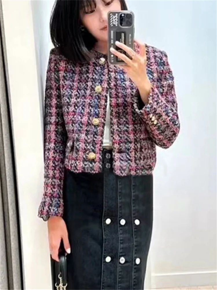 2023-Autumn-Women-Elegant-Set-Colorful-Plaid-Tweed-O-neck-Coat-or ...