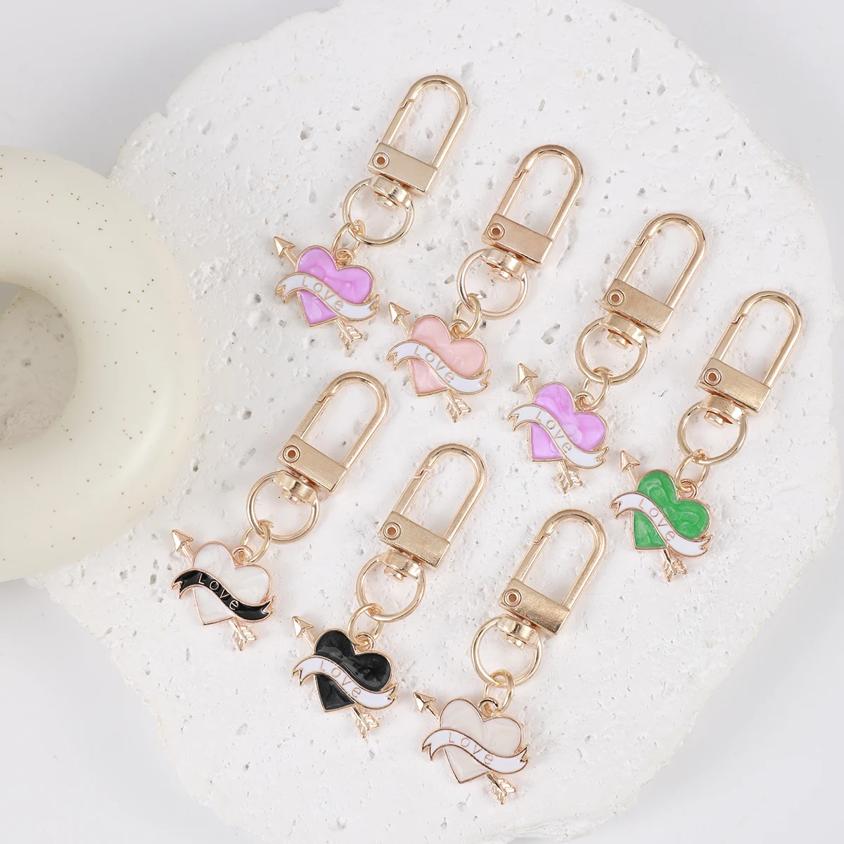 7pcs-set-Sweet-Alloy-Heart-Keychain-Trendy-Golden-Metal-Keyring-Wallet ...