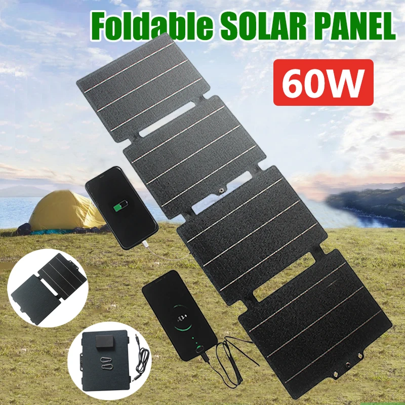 60W Foldable Solar Panel Portable Solar Cell Outdoor Charger Type-C USB ...