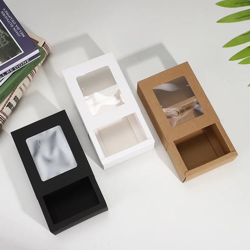 10Pcs Pull-Out Box Simple Solid Color Window PVC Kraft Paper Boxes ...