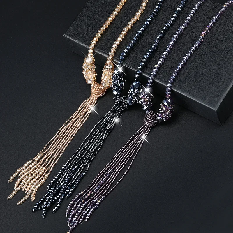 Korean All Glass Crystals Sweater Chain Long Tassel Necklace for Women ...