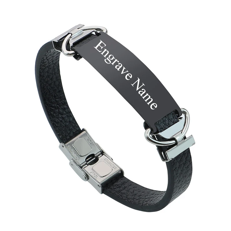 Custom-Text-Name-Engrave-Logo-Leather-Bracelet-customize-Stainless ...
