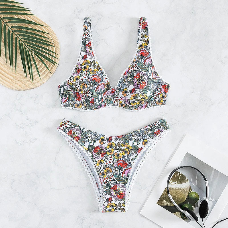 Elegant Floral Pattern Swimsuit Women Bikini Push Up Patchwork Lace ...