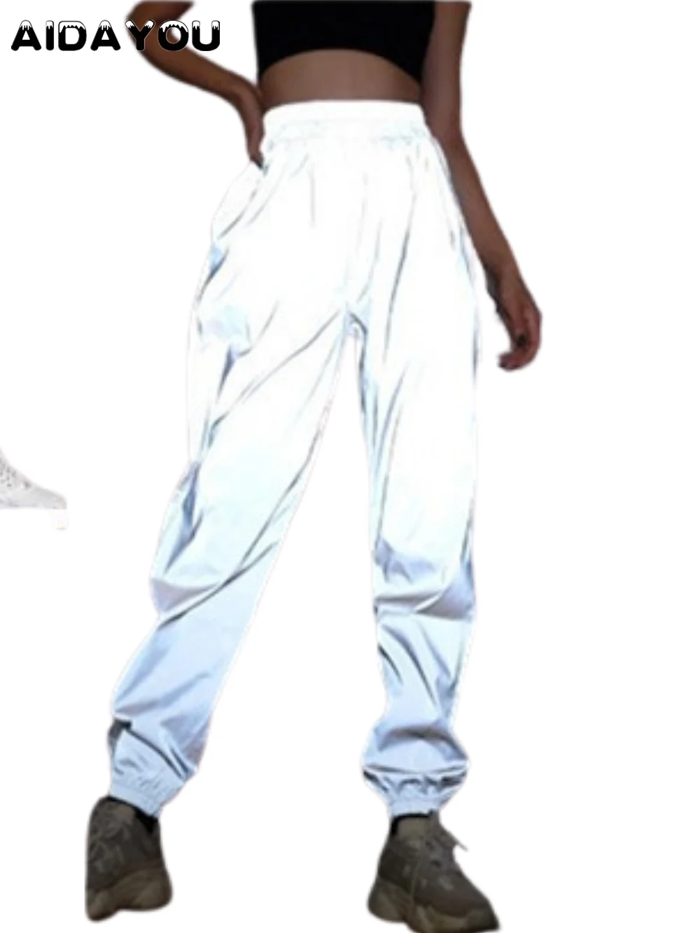 여성용 반사 조깅 바지 밝은 힙합 댄스 높은 가시성 야간 실버 안전 사이클링 조깅 바지 Ouc487팬티 And 카프리스