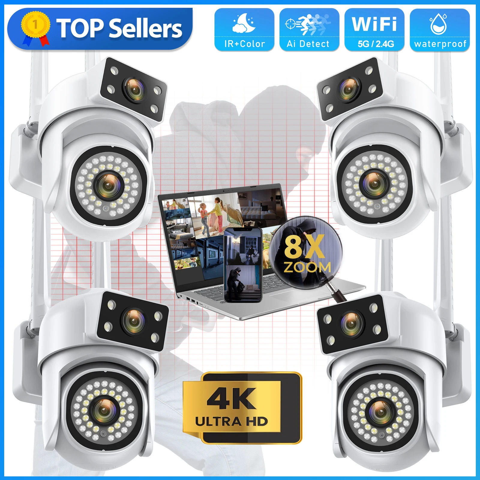 1-4PCS-8MP-Wifi-Camera-IP-Outdoor-8X-Zoom-5G-Wireless-Security-Monitor ...